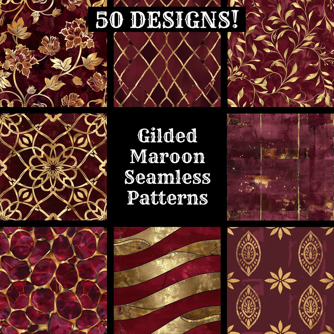 Gilded Maroon Seamless Patterns: Printable Scrapbook Paper (digital ...