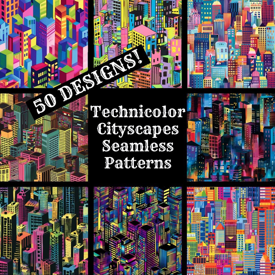 Technicolor Cityscapes Seamless Pattern: 50 PNG Digital Papers (digital ...