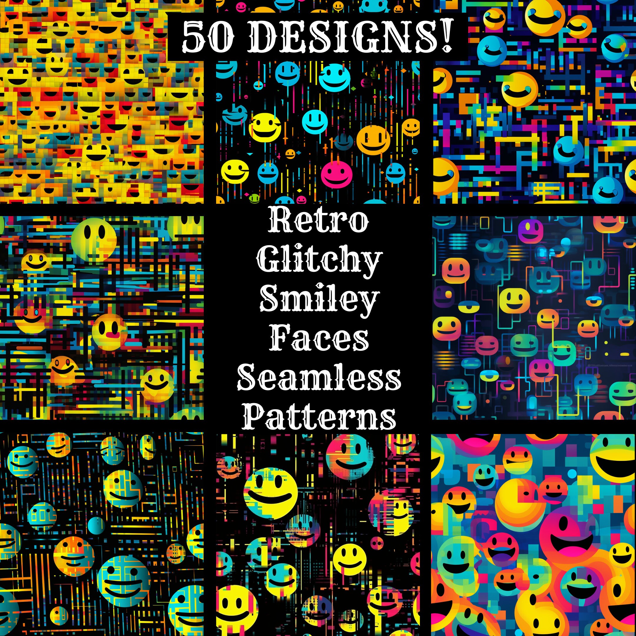 Retro Glitchy Smiley Faces Seamless Digital Paper, Printable Scrapbook ...