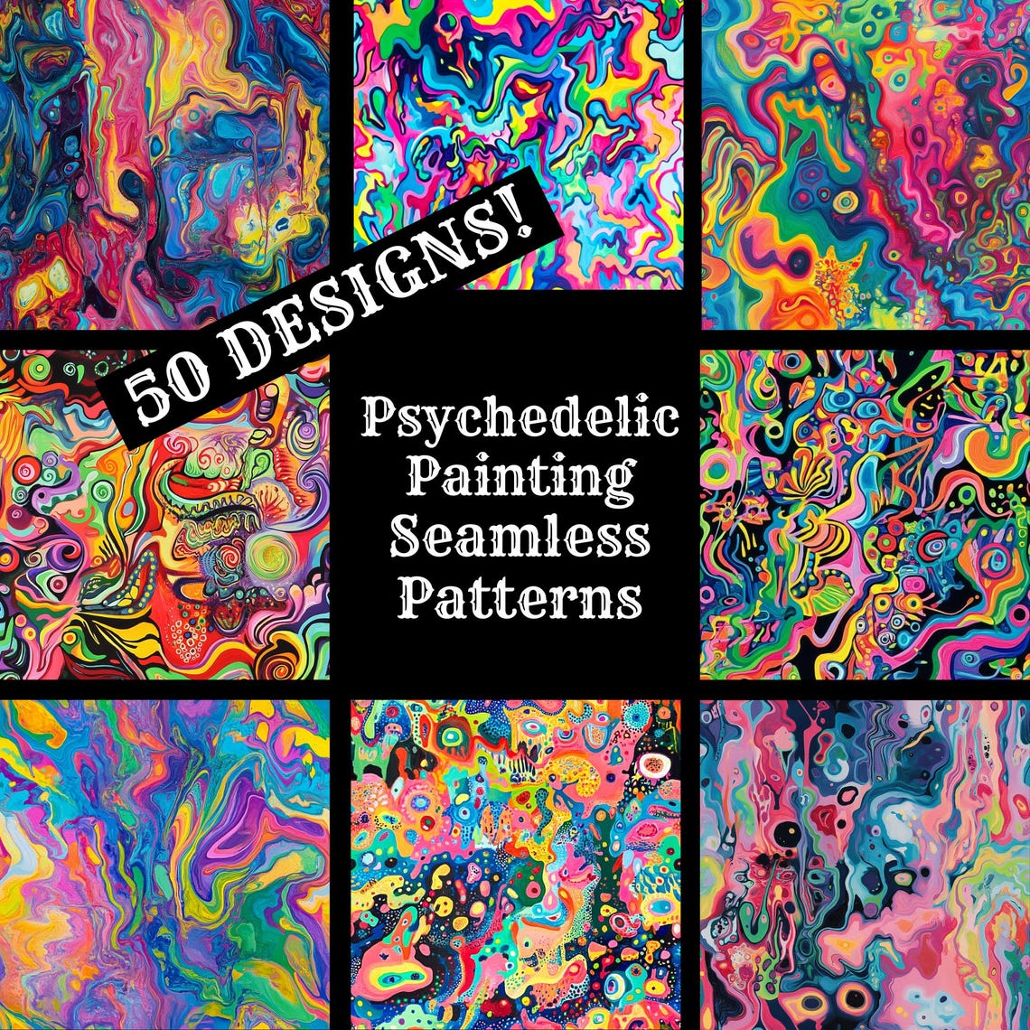 Psychedelic Seamless Pattern: Colorful Painting Digital Paper (PNG, 300 ...