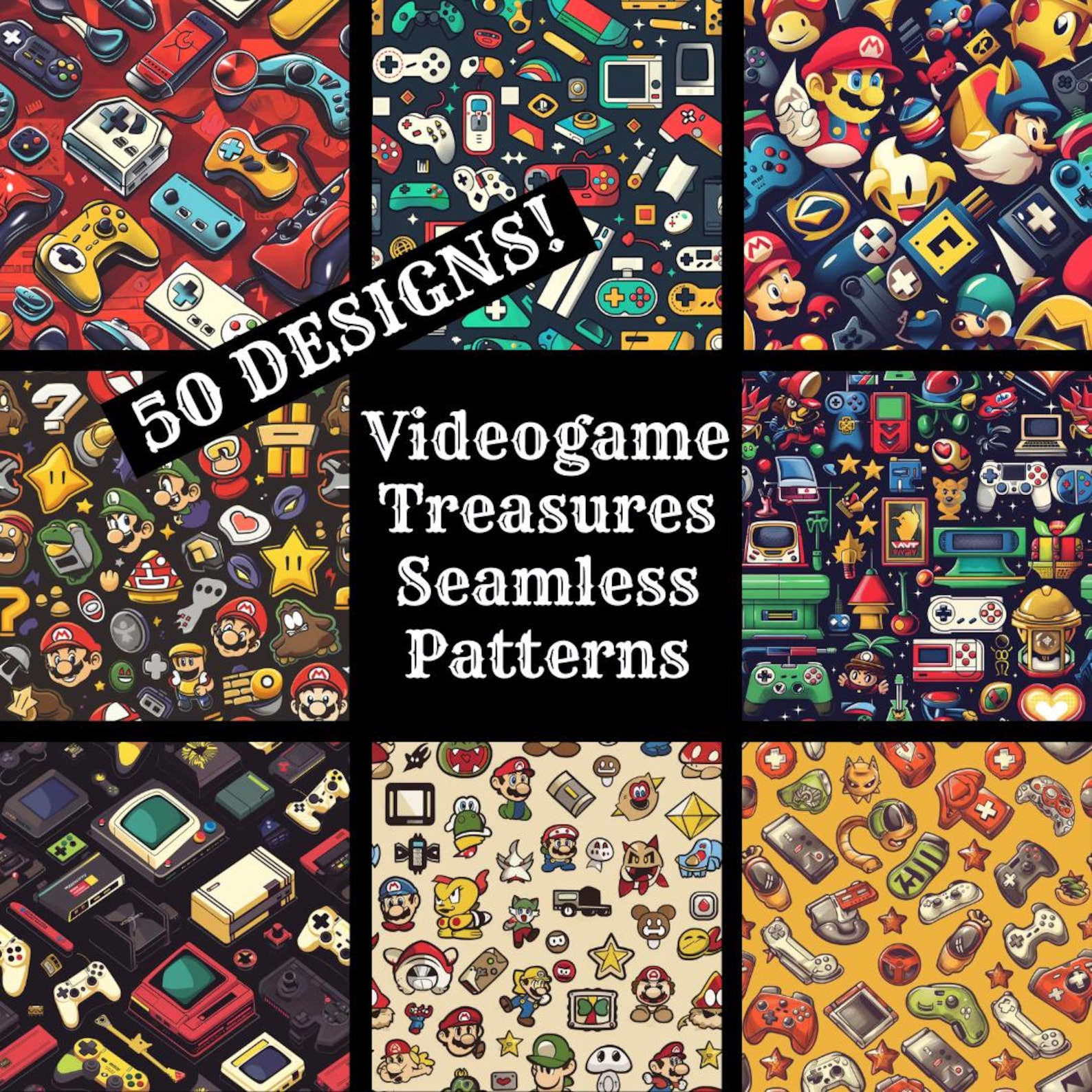 Videogame Treasures Seamless Pattern: 50 PNG Digital Papers (digital ...