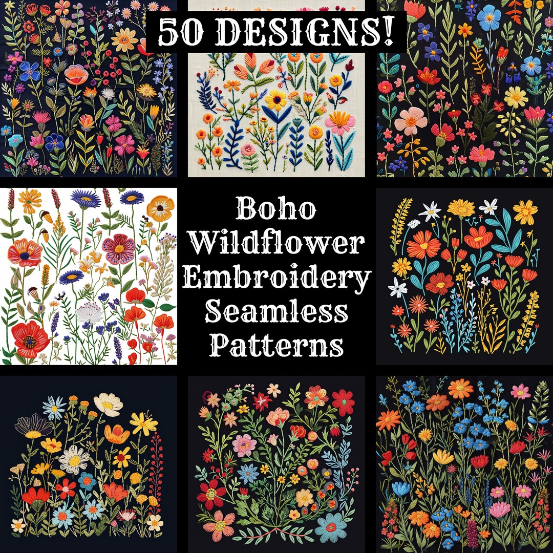 Boho Wildflower Embroidery Seamless Patterns: 50 PNG Designs (digital ...