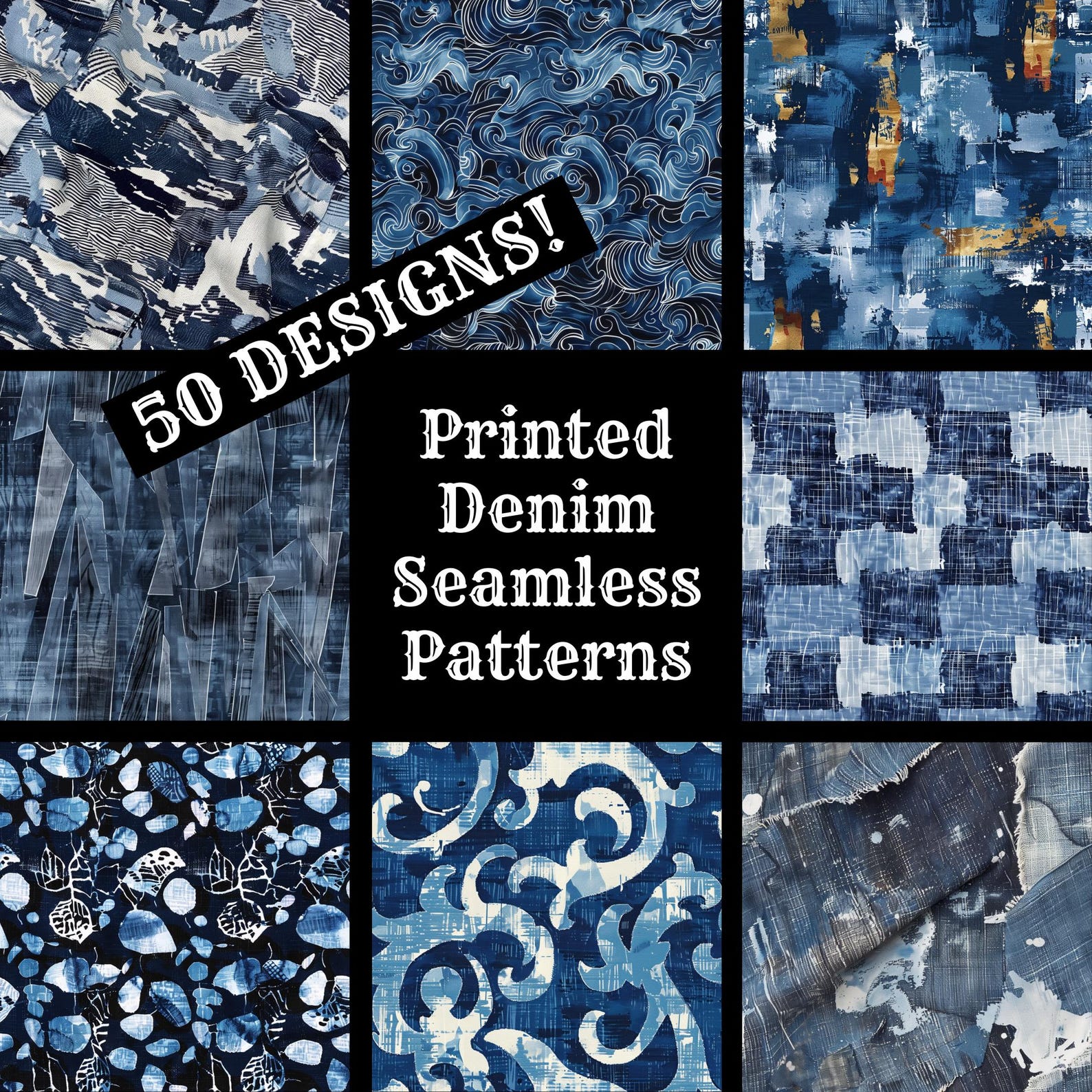 Printed Denim Seamless Patterns: 50 PNG Digital Papers (digital ...