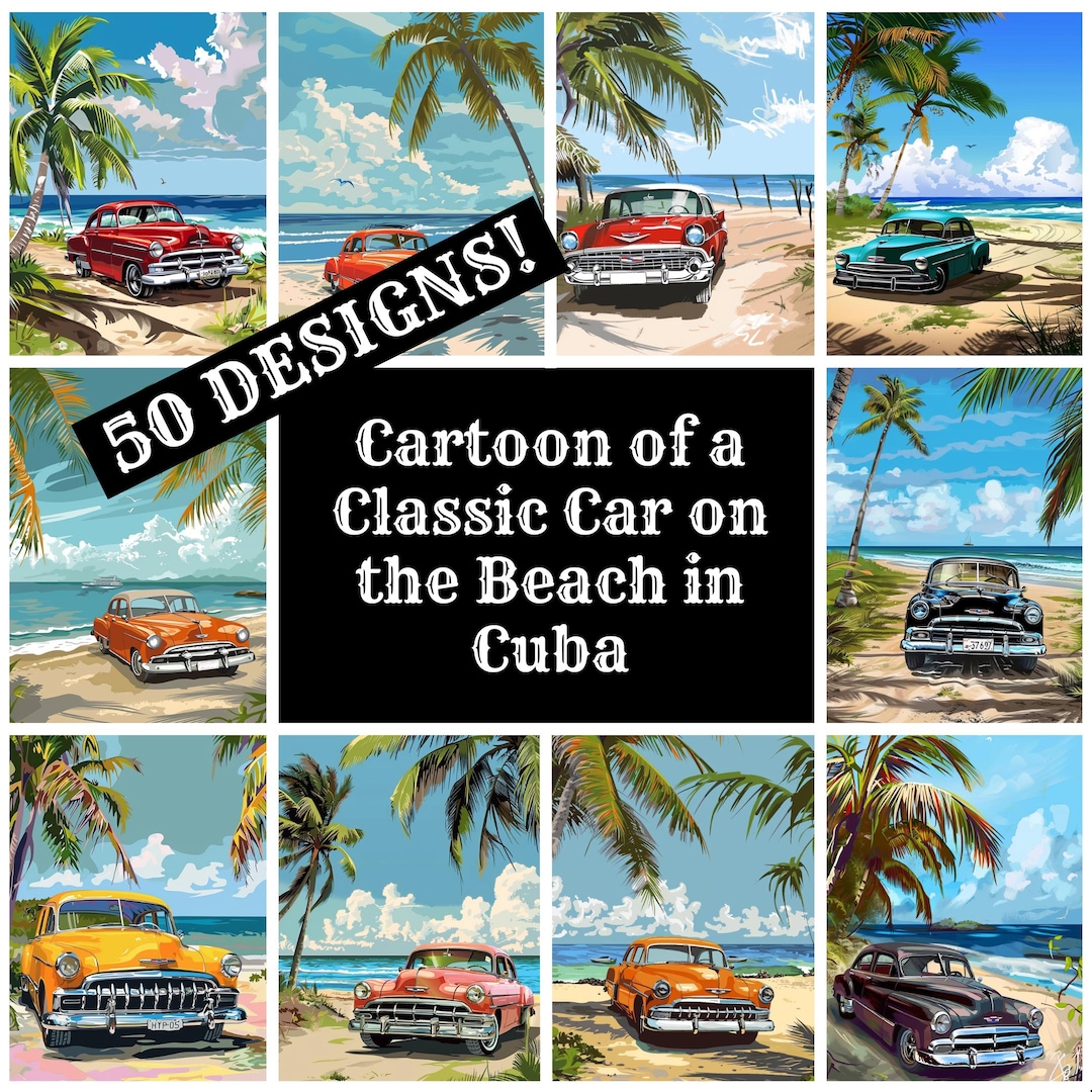 Cuba Beach Classic Car Cartoon: Printable Journal Paper (PNG) - Etsy