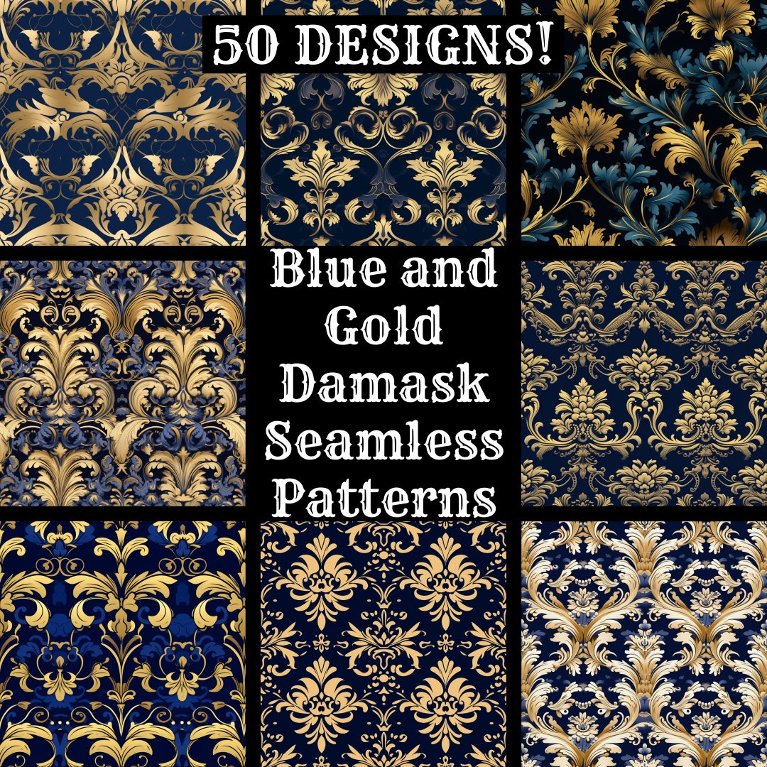 Blue and Gold Damask Seamless Digital Paper, Printable Scrapbook Paper ...
