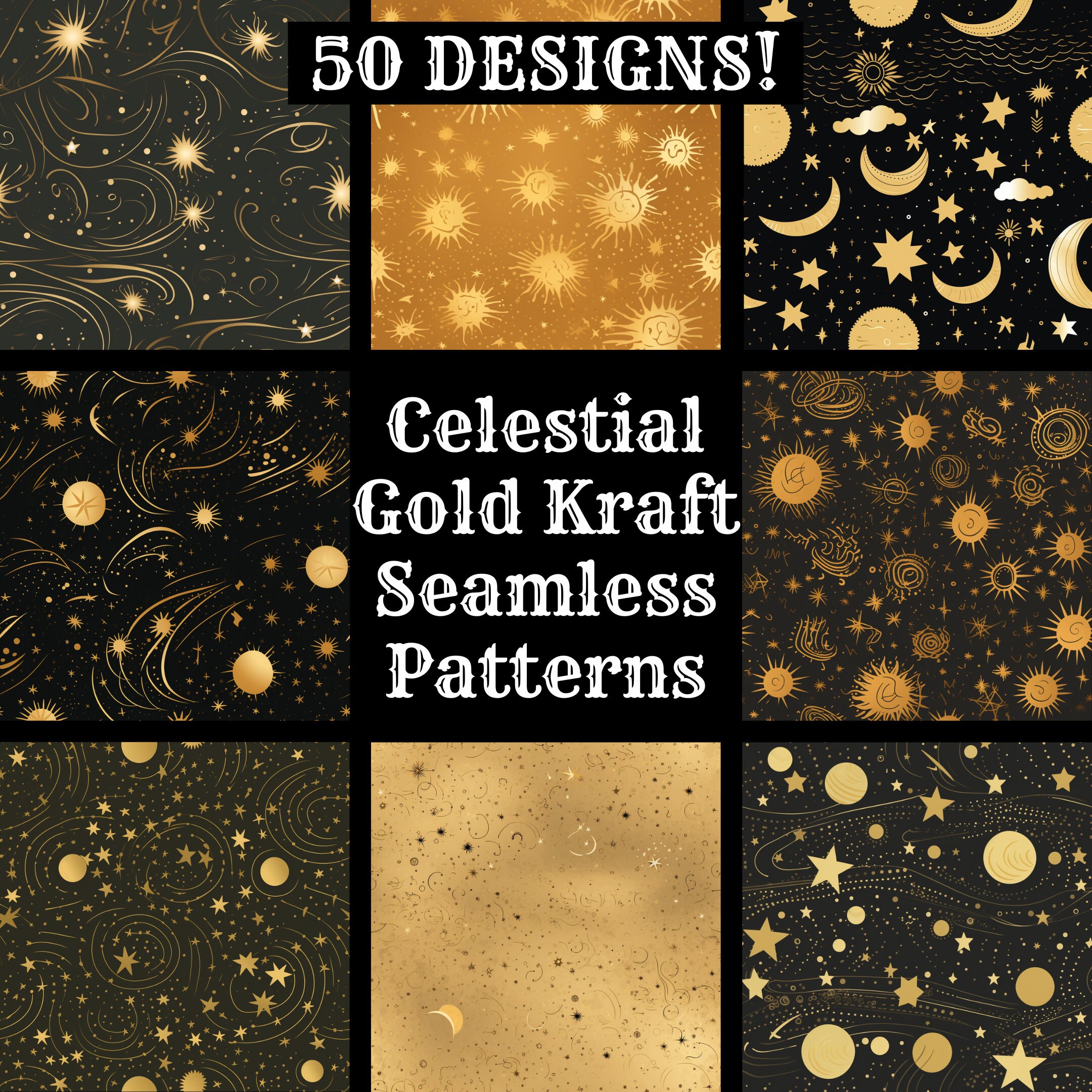 Celestial Gold Kraft Seamless Digital Paper, Printable Scrapbook Paper ...