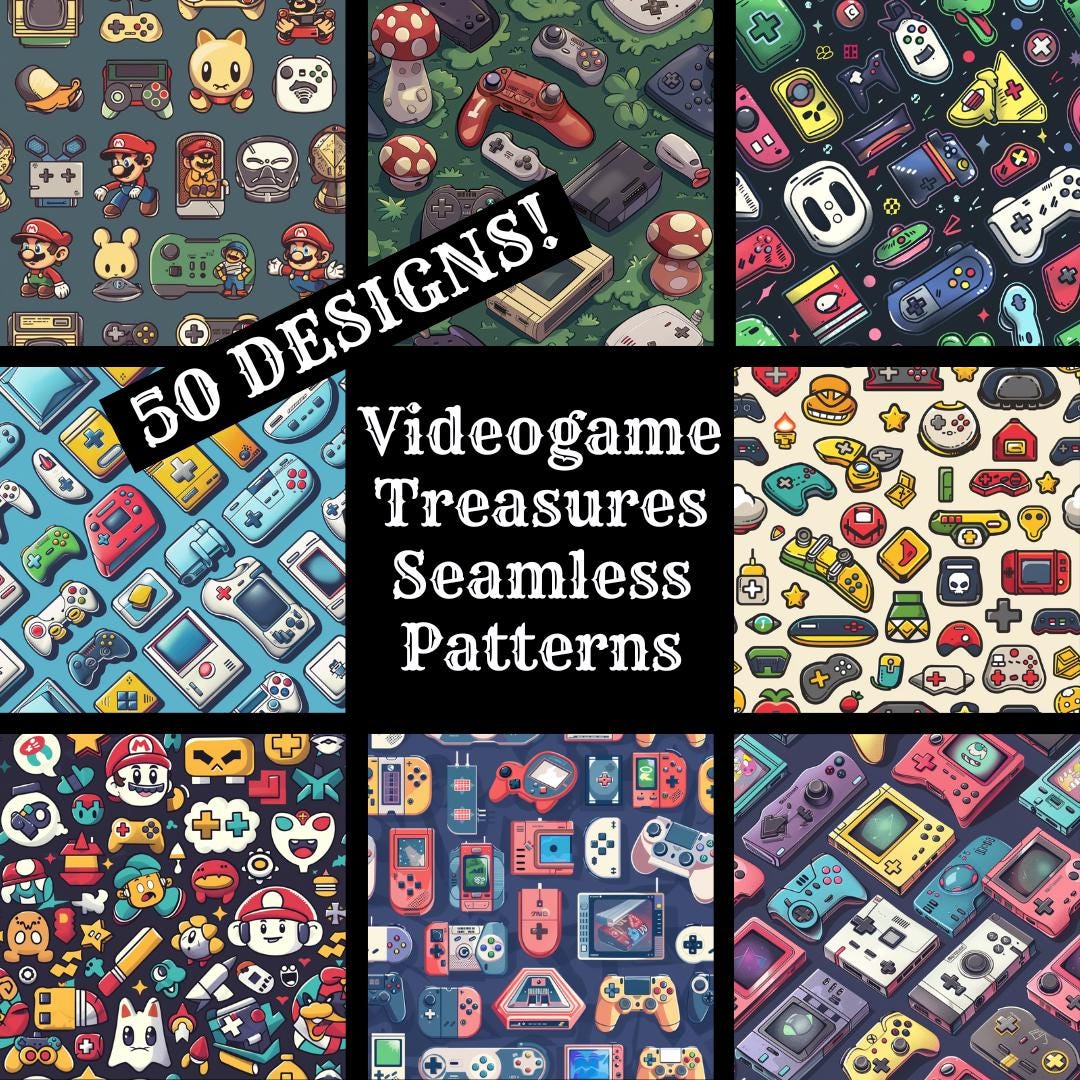 Videogame Treasures Seamless Pattern: 50 PNG Digital Papers (digital ...