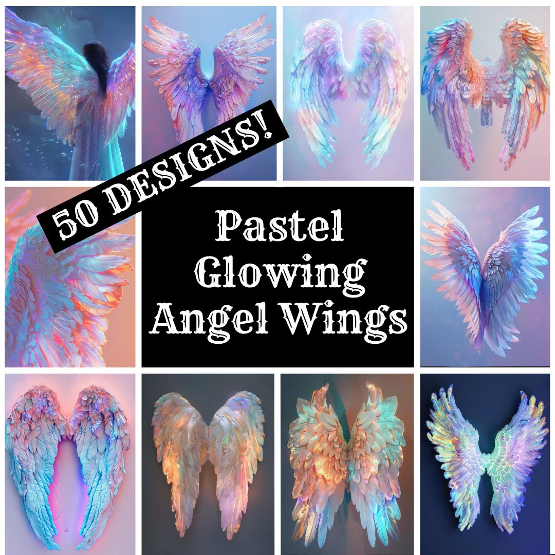 Pastel Glowing Angel Wings Digital Paper: 50 PNG Designs (digital ...