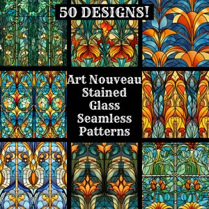 Art Nouveau Stained Glass Seamless Patterns: 50 PNG Digital Papers ...