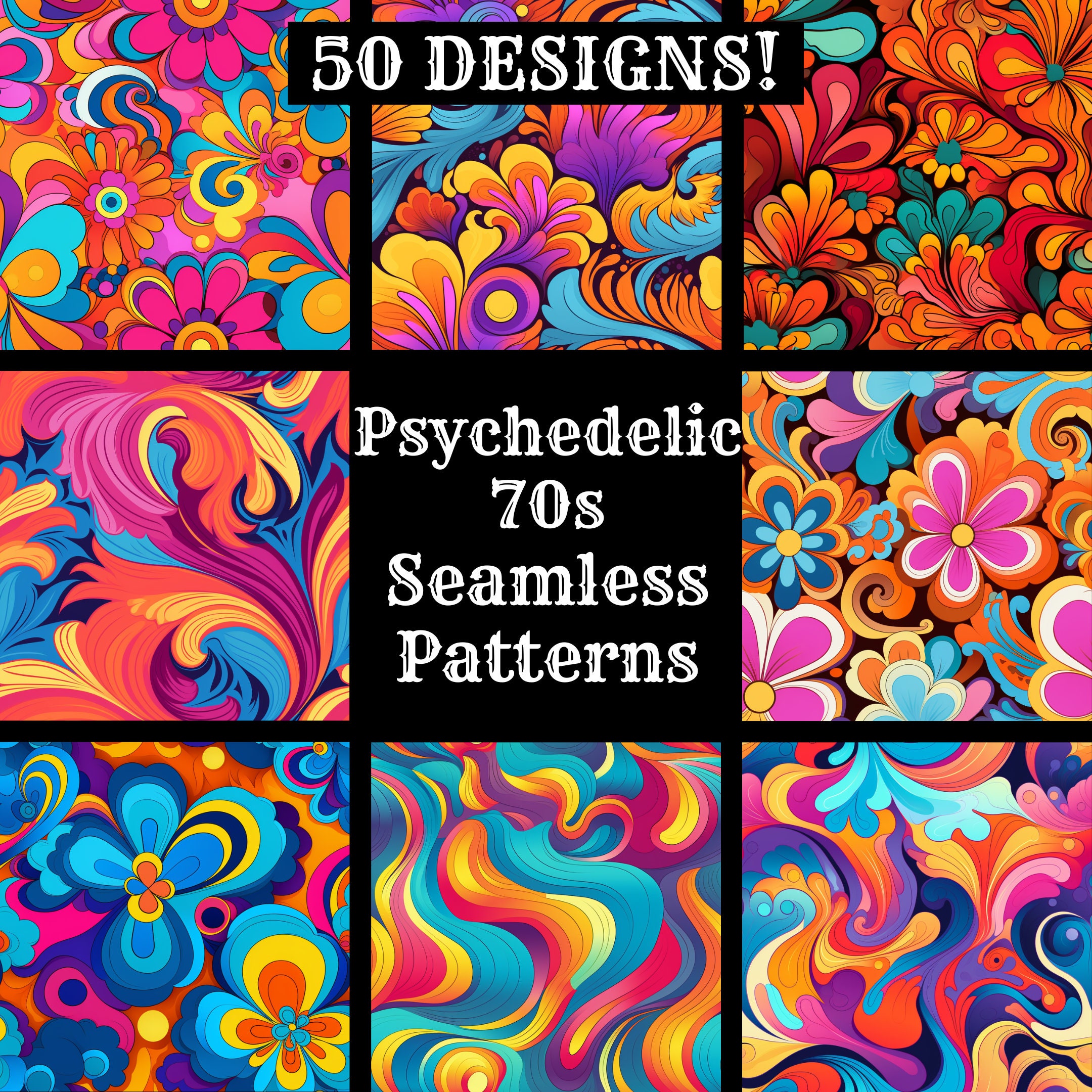 Psychedelic 70s Seamless Patterns: Digital Scrapbook Paper (PNG) - Etsy