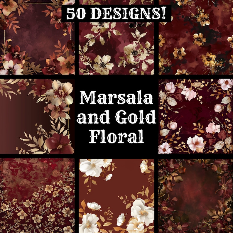 Marsala Gold Floral Digital Paper: High-resolution Scrapbook (digital ...