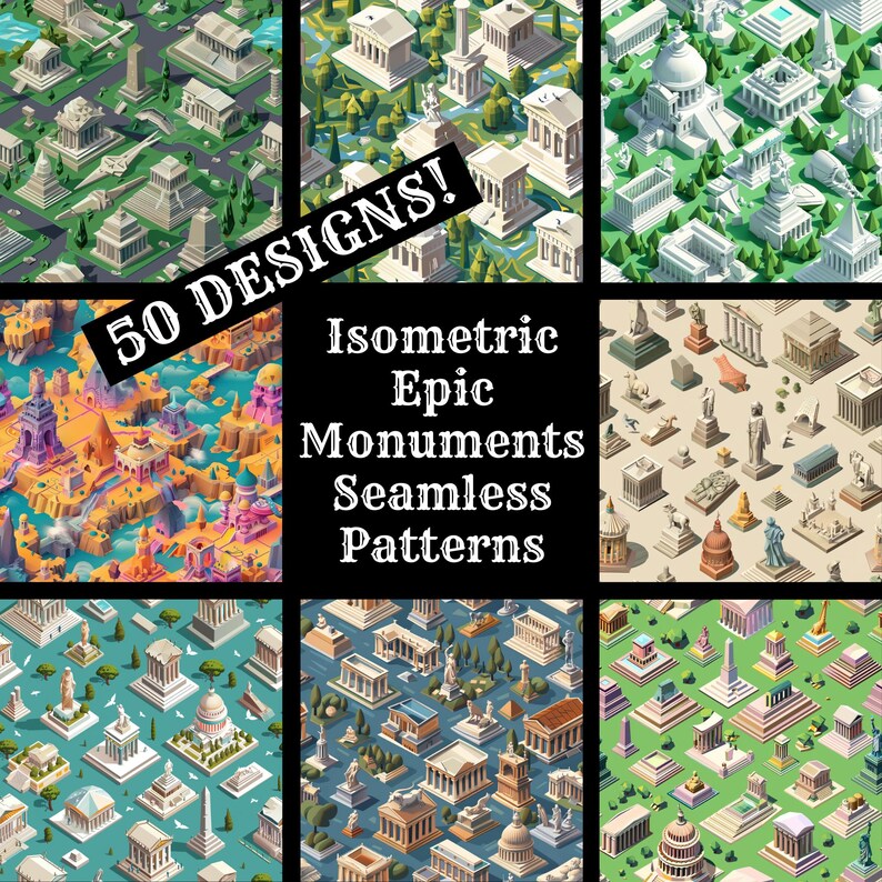 Isometric Monuments Seamless Pattern: 50 PNG Digital Papers (digital ...