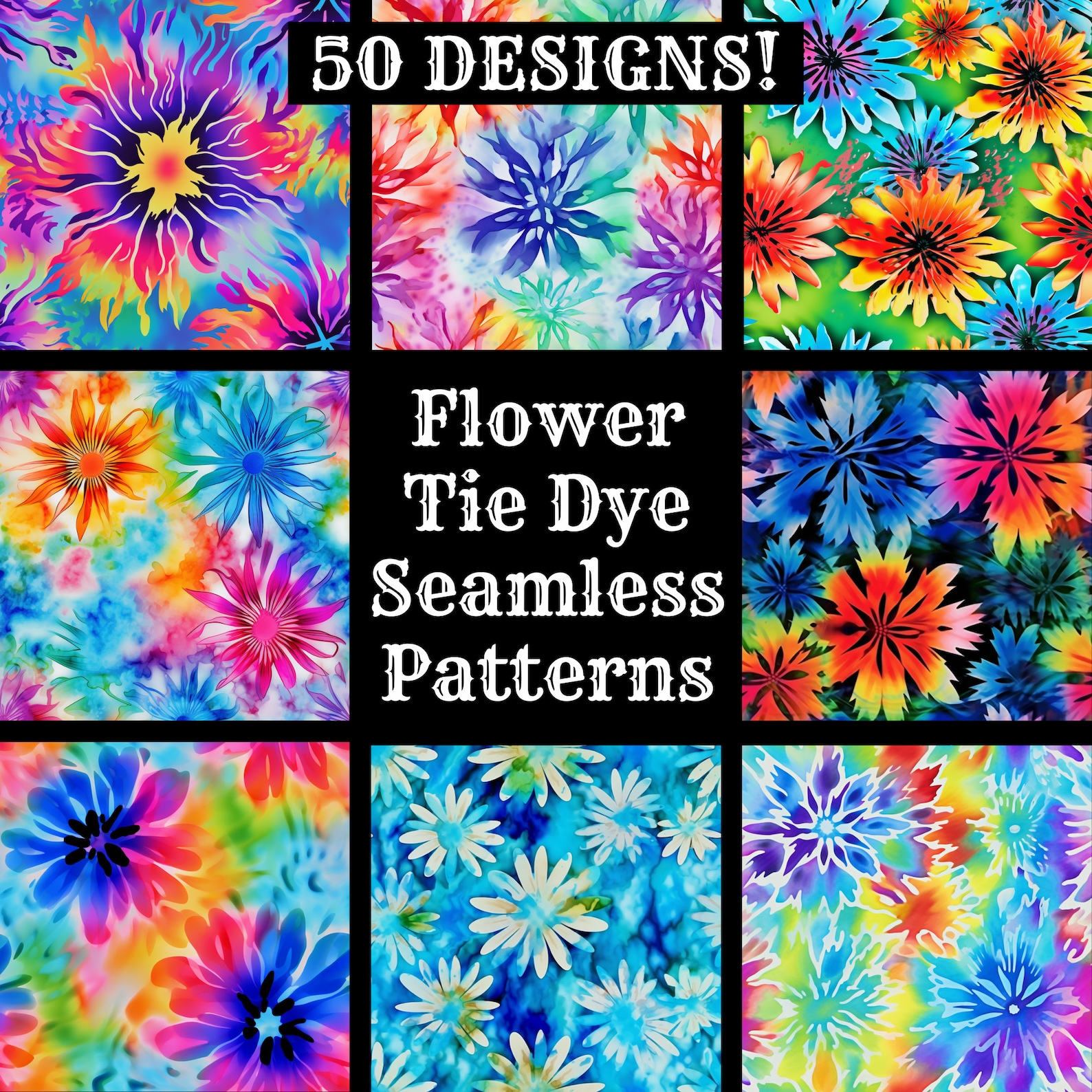 Flower Tie Dye Seamless Pattern: 50 PNG Digital Papers (digital ...