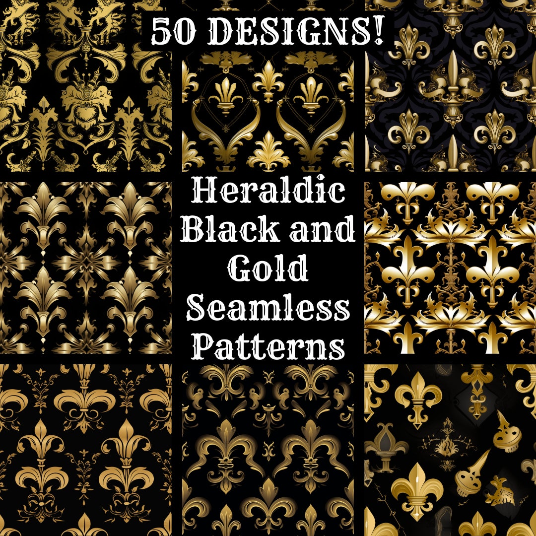 Black and Gold Heraldic Seamless Patterns: 50 PNG Designs (digital ...
