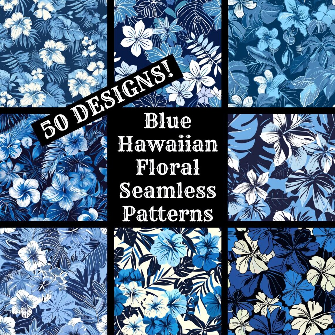 Blue Hawaiian Floral Seamless Pattern: 50 PNG Digital Papers (digital ...