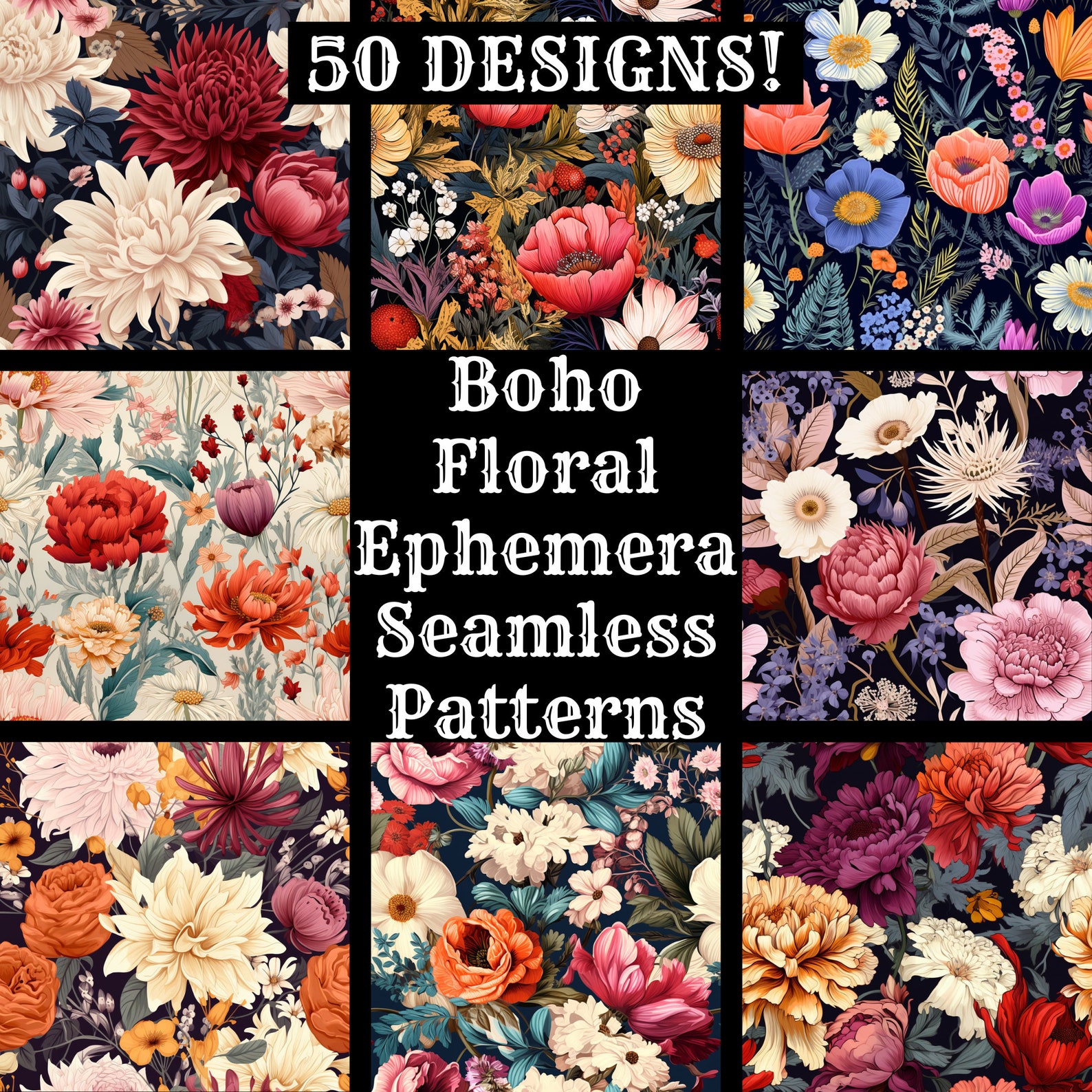 Boho Floral Ephemera Seamless Digital Paper, Printable Scrapbook Paper Seamless Textures ...