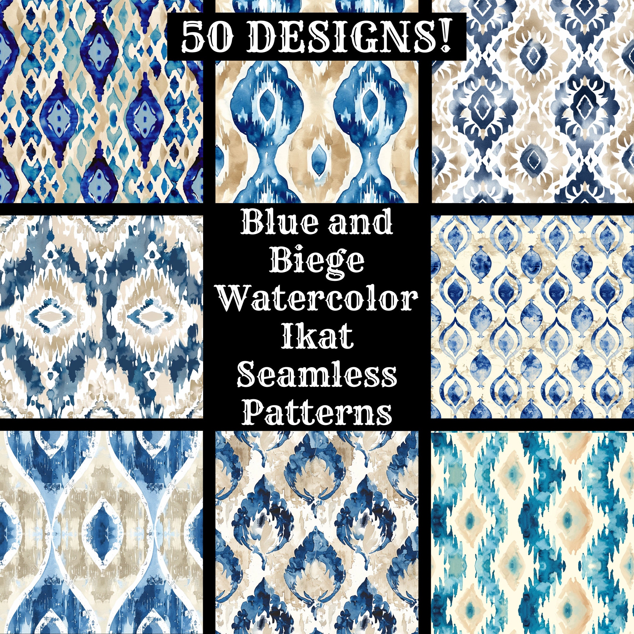 Blue and Biege Watercolor Ikat Seamless Digital Paper, Printable ...