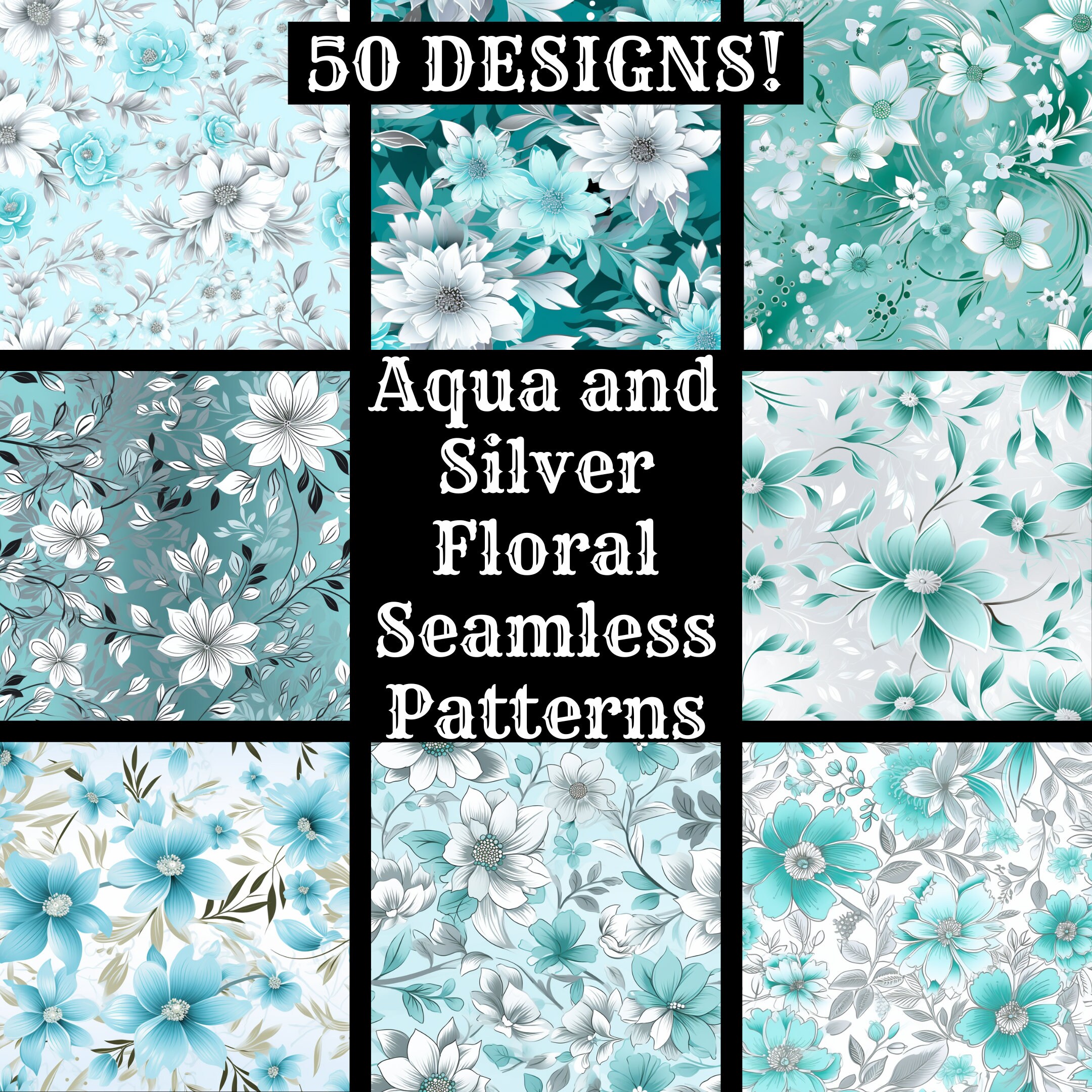 Aqua and Silver Floral Seamless Digital Paper, Printable Scrapbook ...