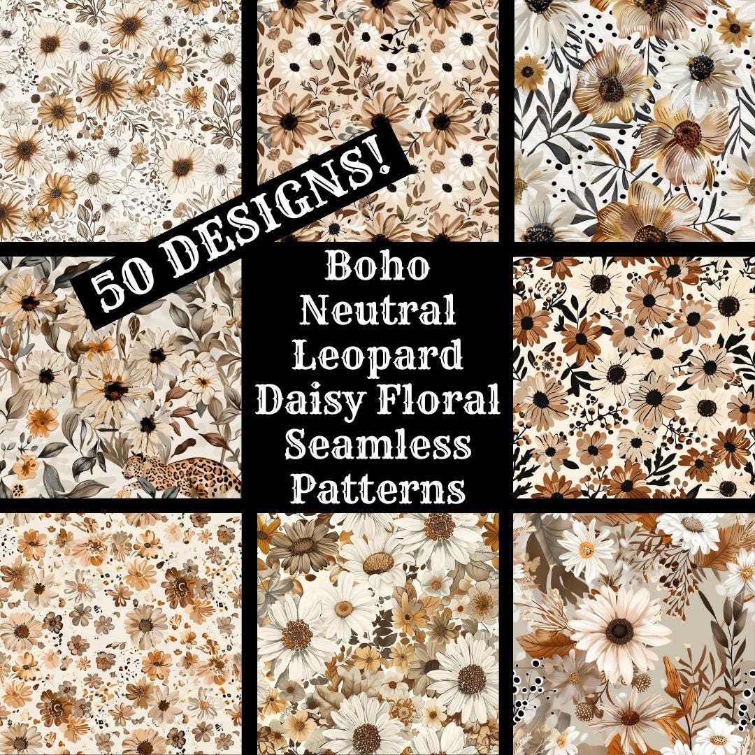 Boho Leopard Daisy Floral Seamless Pattern: Neutral Digital Paper (PNG ...
