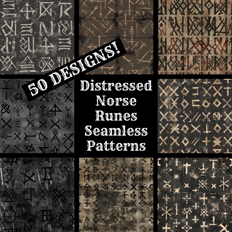 Distressed Norse Runes Seamless Pattern: 50 PNG Digital Papers (digital ...