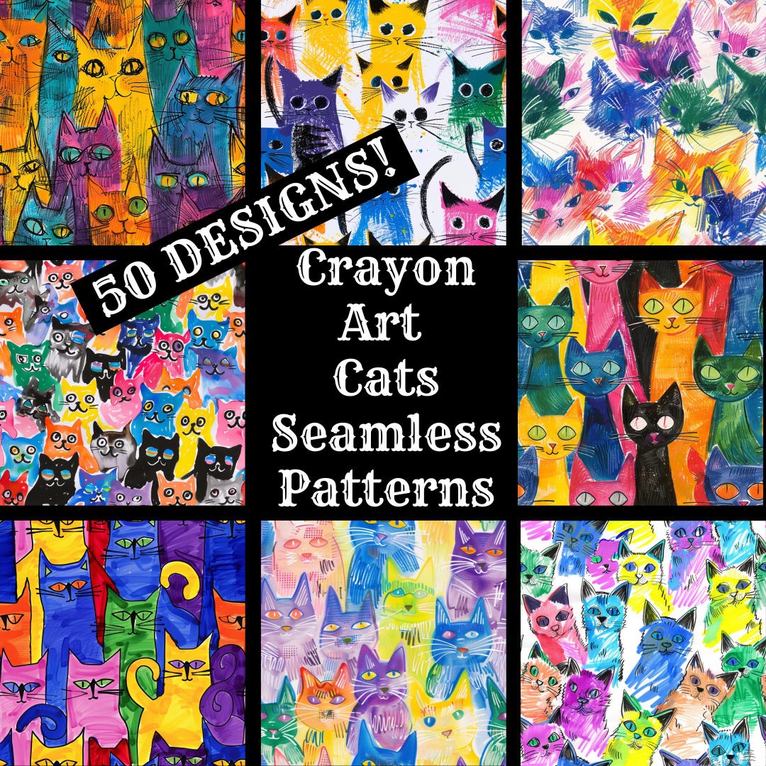 Crayon Art Cats Seamless Digital Paper, Printable Scrapbook Paper ...