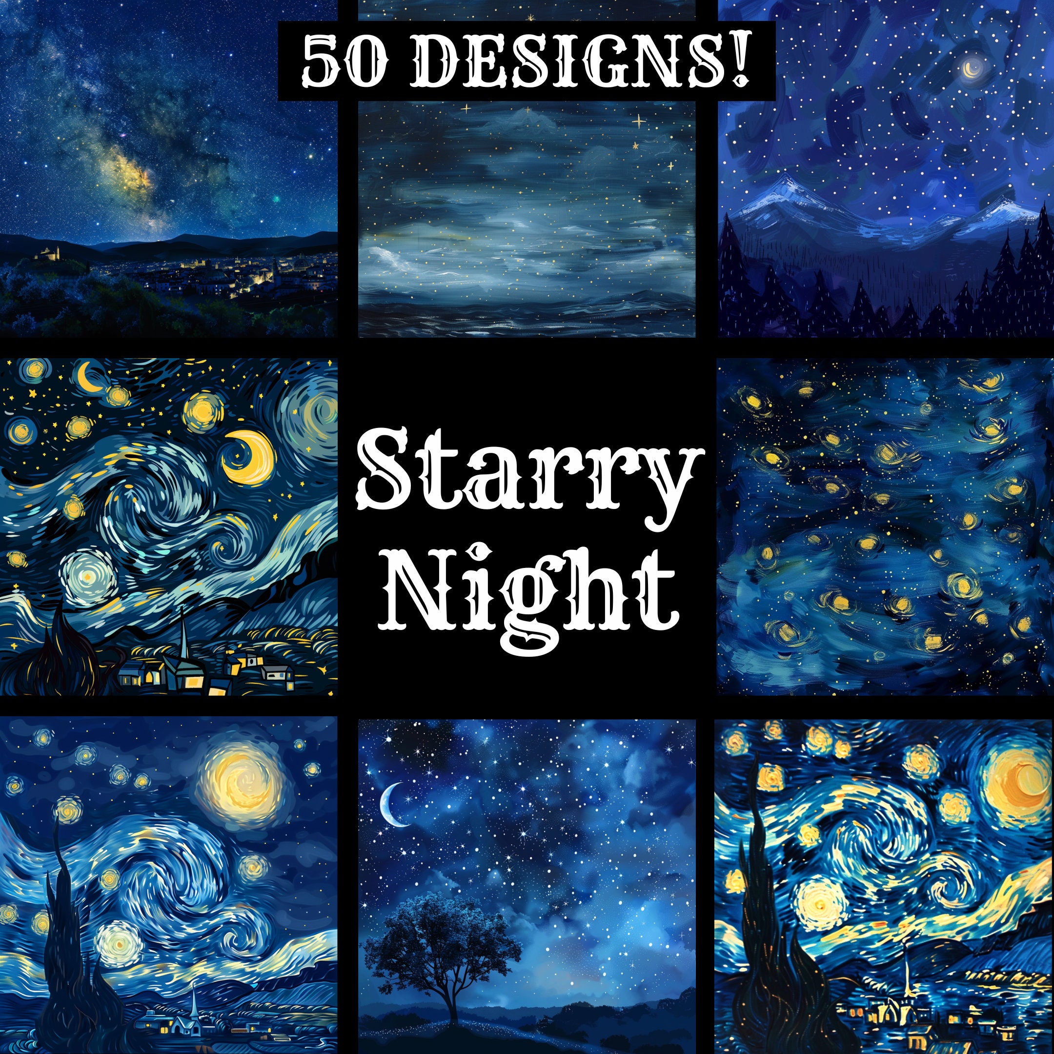 Starry Night Digital Paper: High-resolution Scrapbook (PNG, 12x12 ...