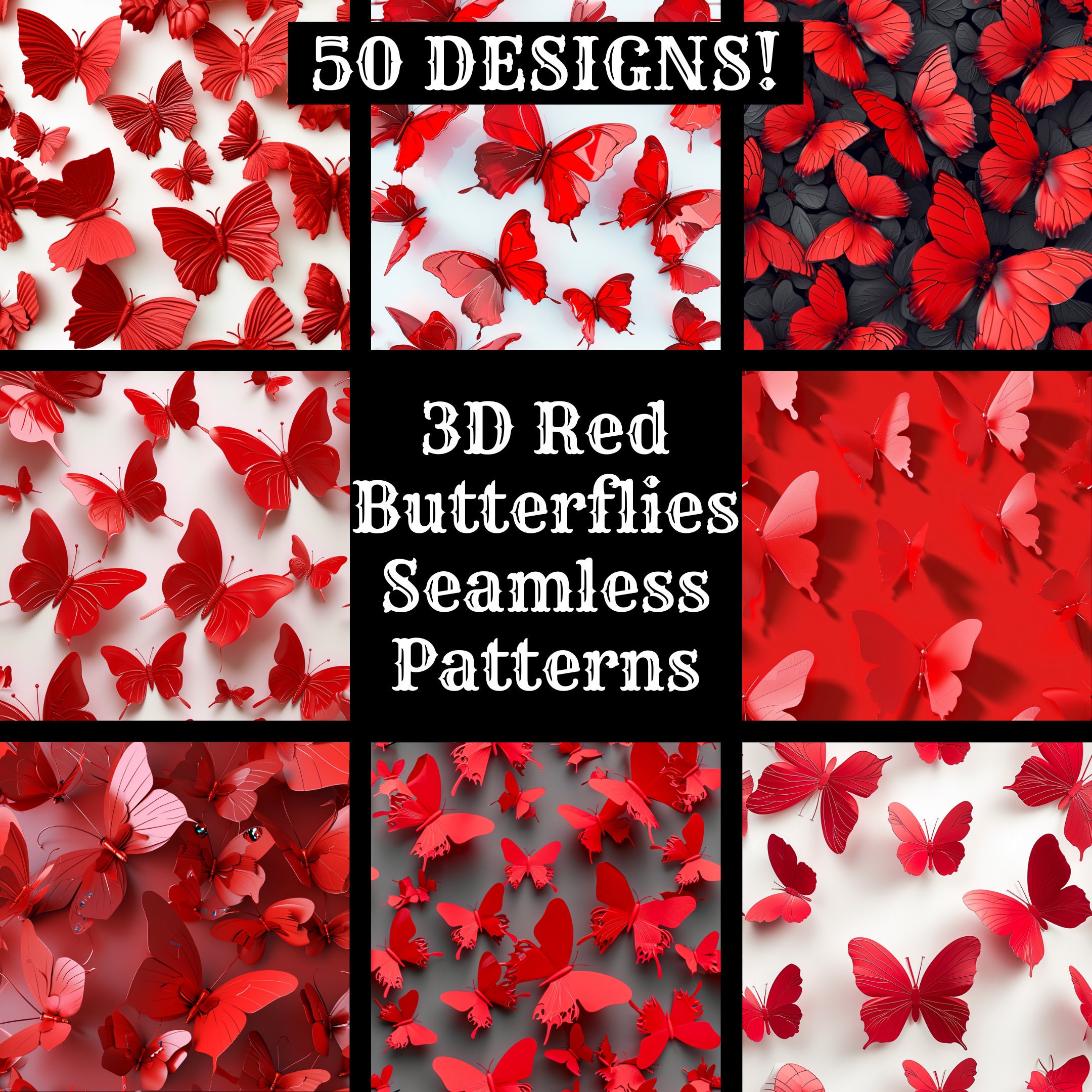 3D Red Butterfliesseamless Digital Paper, Printable Scrapbook Paper ...