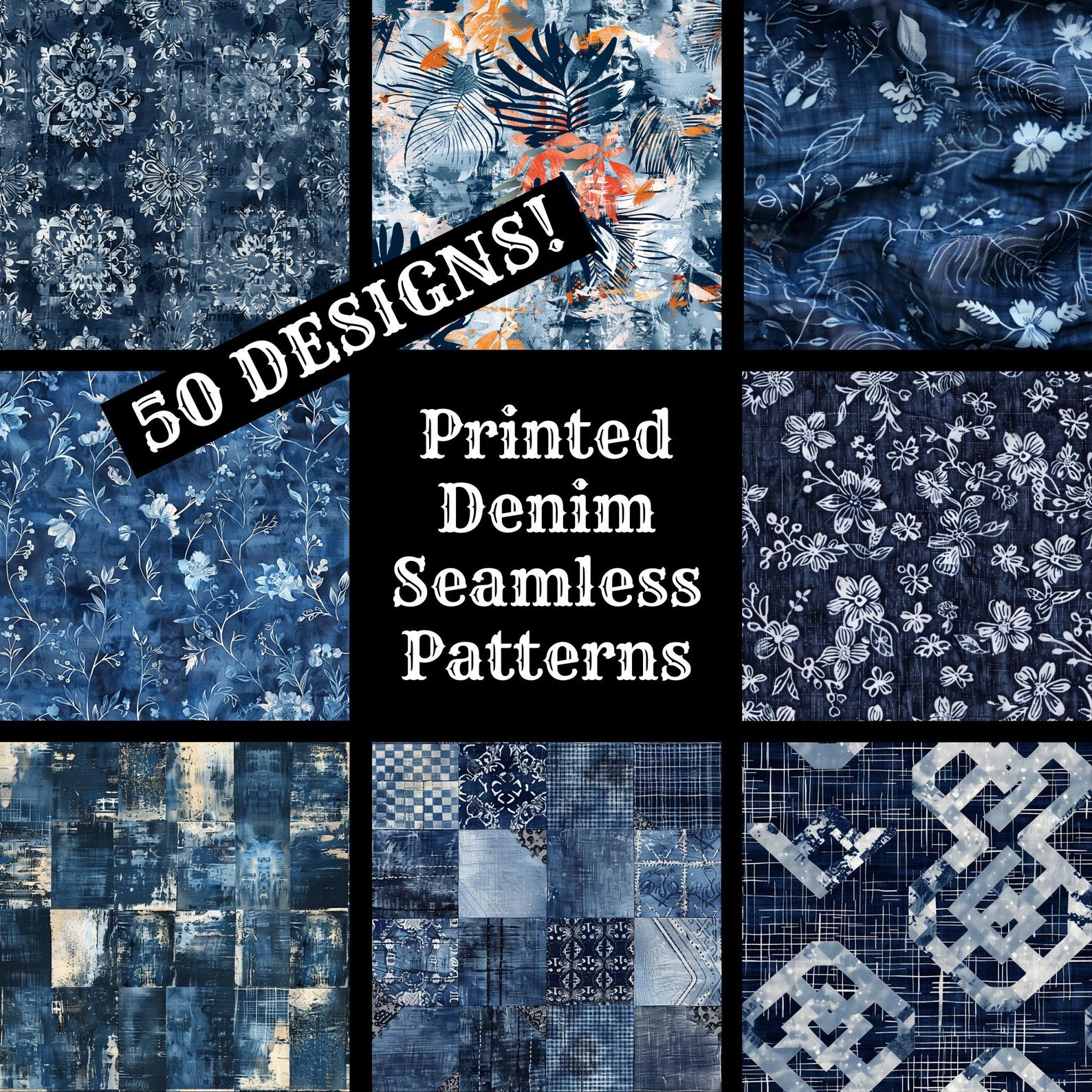 Printed Denim Seamless Patterns: 50 PNG Digital Papers (digital ...