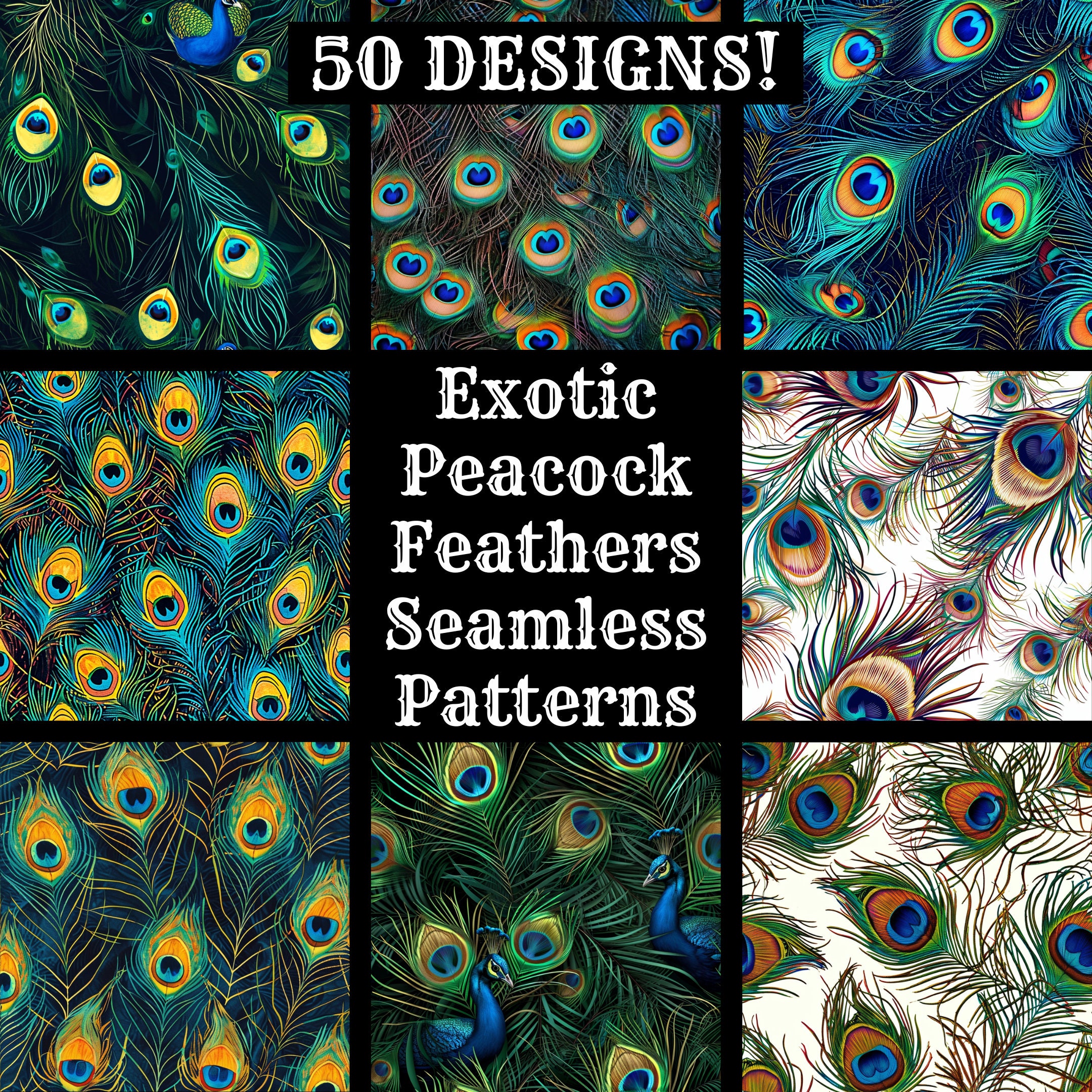 Exotic Peacock Feathers Seamless Patterns: Digital Scrapbook Paper ...