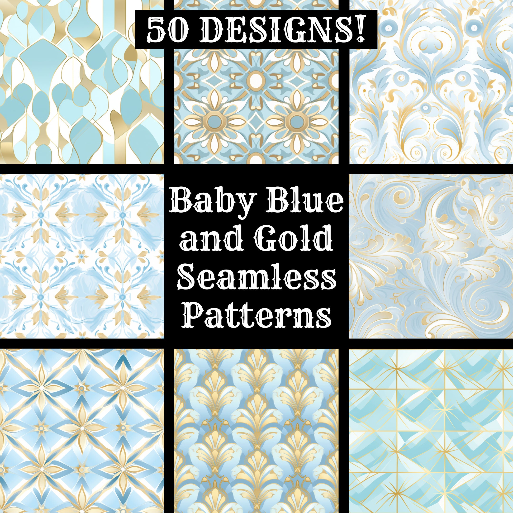 Baby Blue and Gold Seamless Digital Paper Printable Scrapbook Paper ...