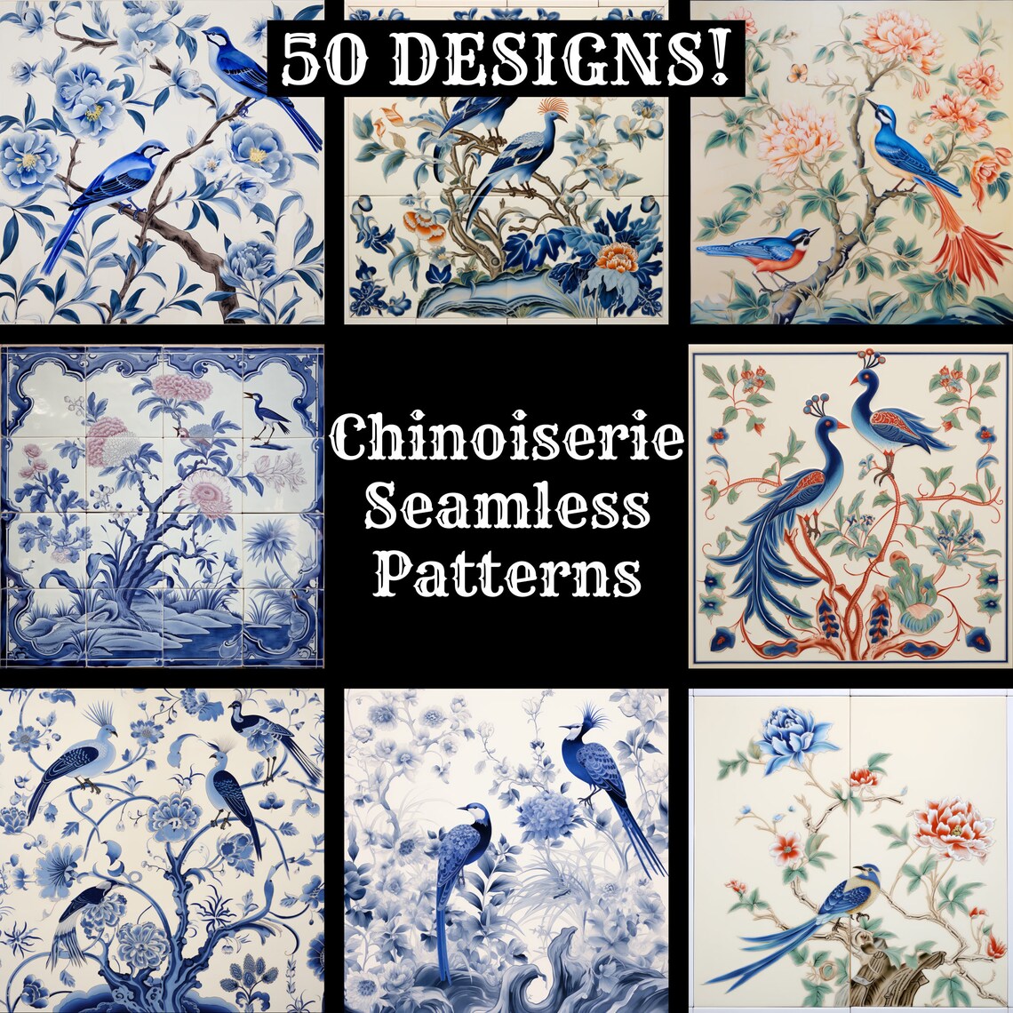 Chinoiserie Floral Seamless Pattern: Digital Scrapbook Paper (PNG) - Etsy
