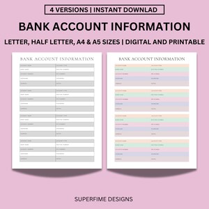 Bank Account Information Tracker Printable, Bank Account Log, Bank ...
