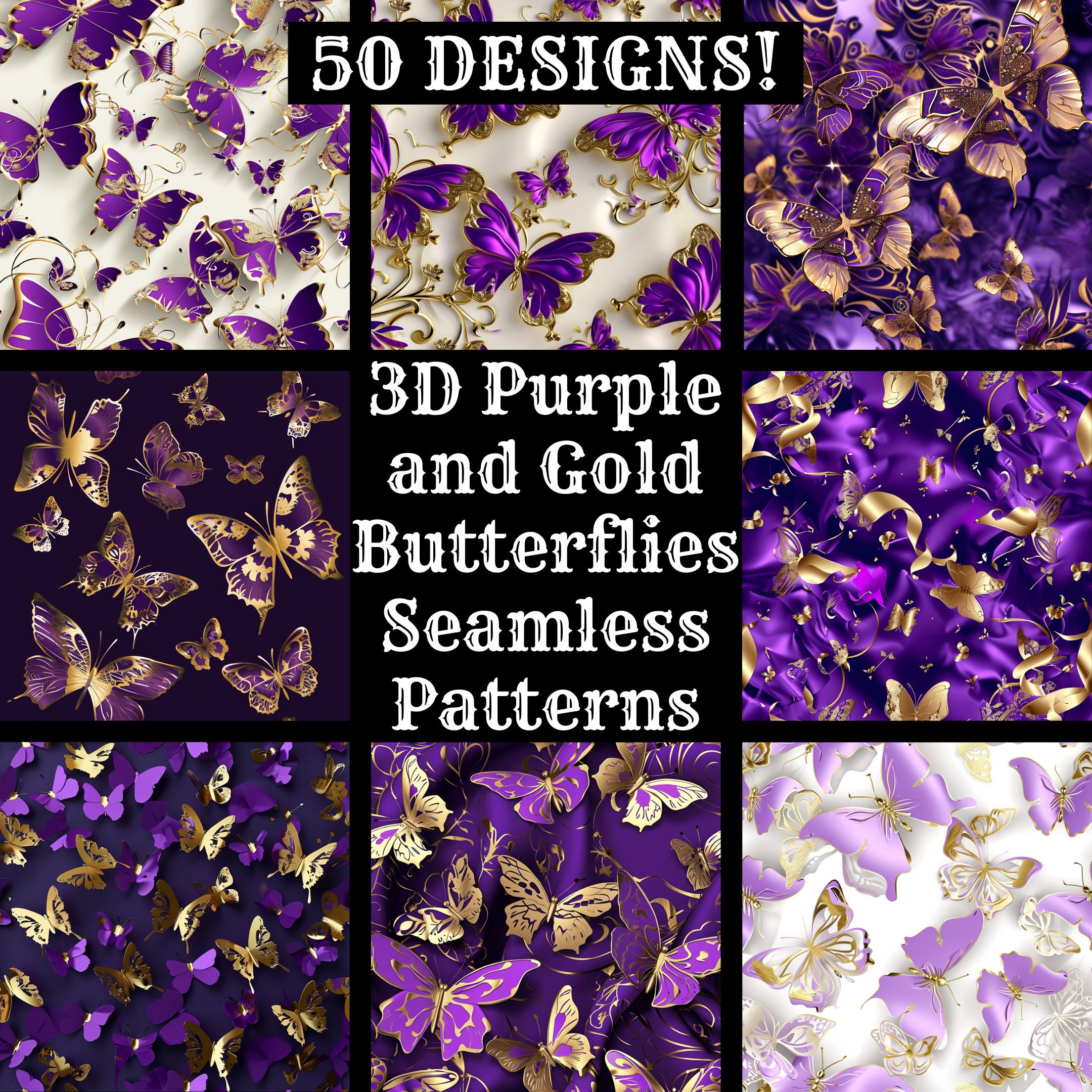 3D Purple and Gold Butterflies Seamless Digital Paper, Printable ...