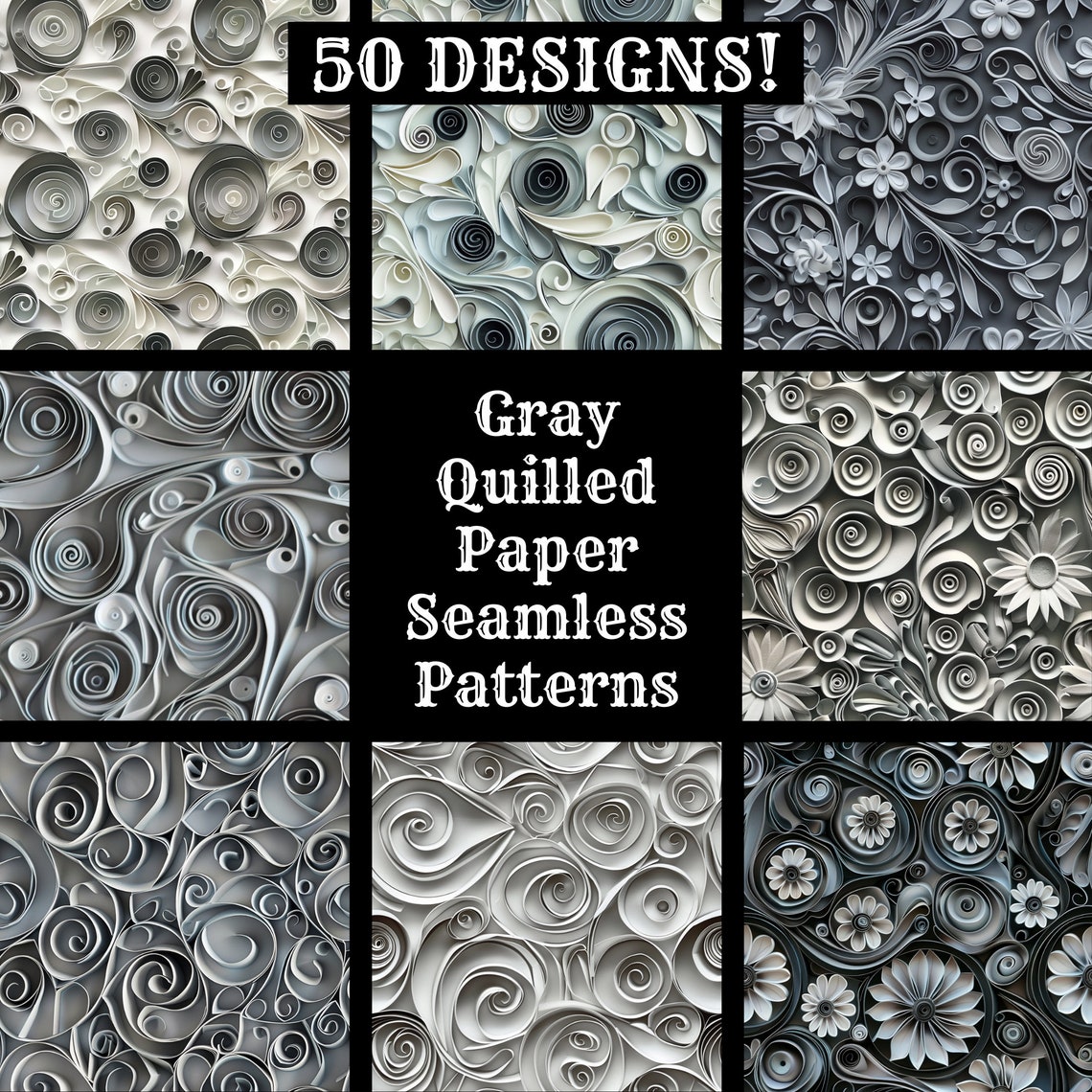 Gray Quilled Paper Seamless Digital Paper, Gray Quilled Paper Printable ...