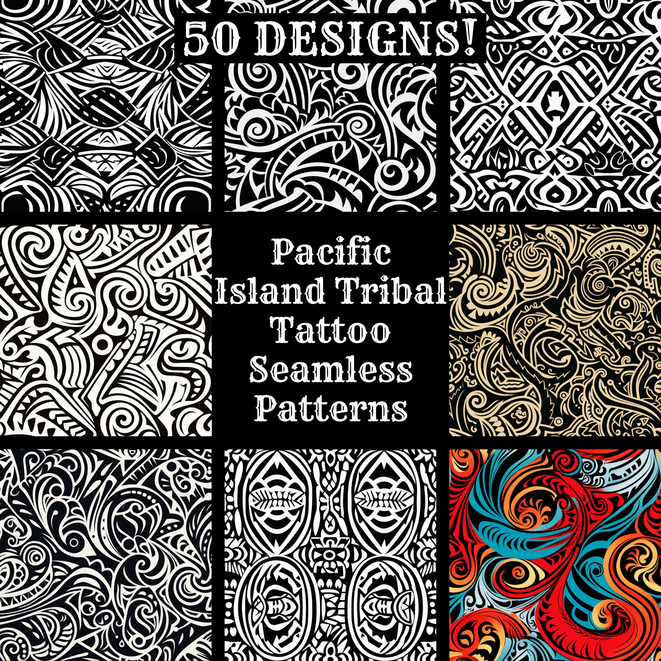 Pacific Island Tribal Tattoo Seamless Pattern: Digital Paper (PNG, 300 ...