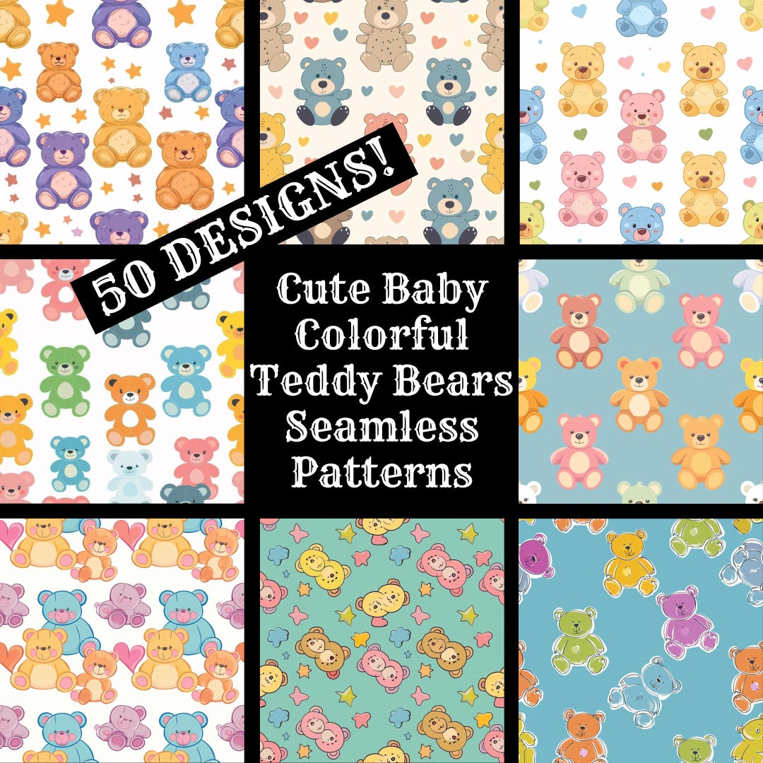 Cute Baby Colorful Teddy Bears Seamless Digital Paper, Baby Teddy Bears ...