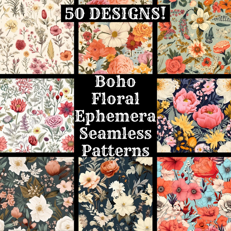 Boho Floral Ephemera Seamless Digital Paper, Printable Scrapbook Paper Seamless Textures ...