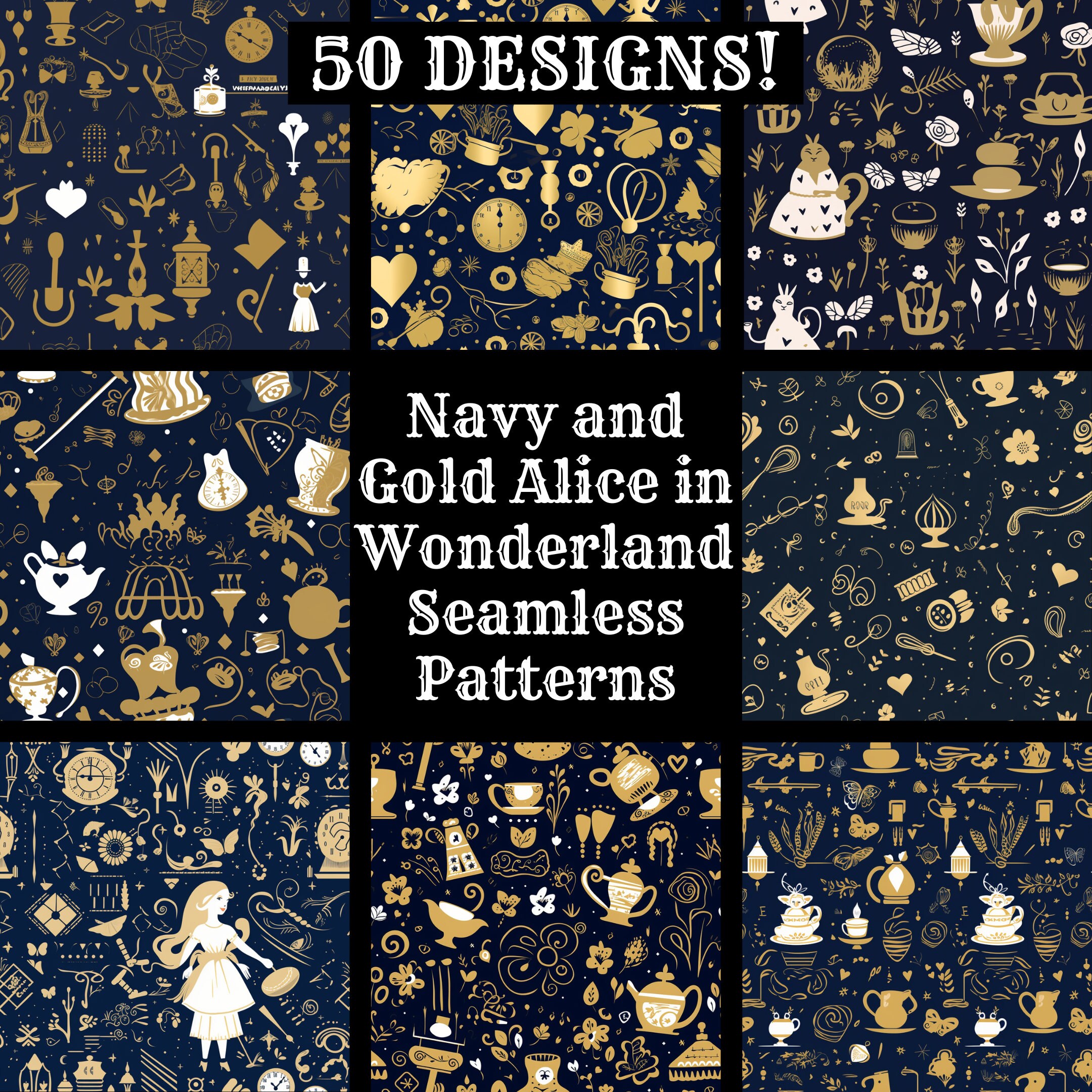 Navy and Gold Alice in Wonderland Seamless Patterns (digital Download ...