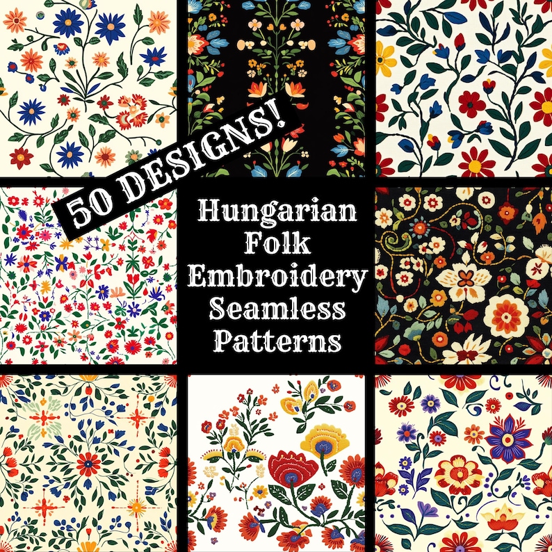 Hungarian Folk Embroidery Seamless Patterns: 50 PNG Digital Papers ...