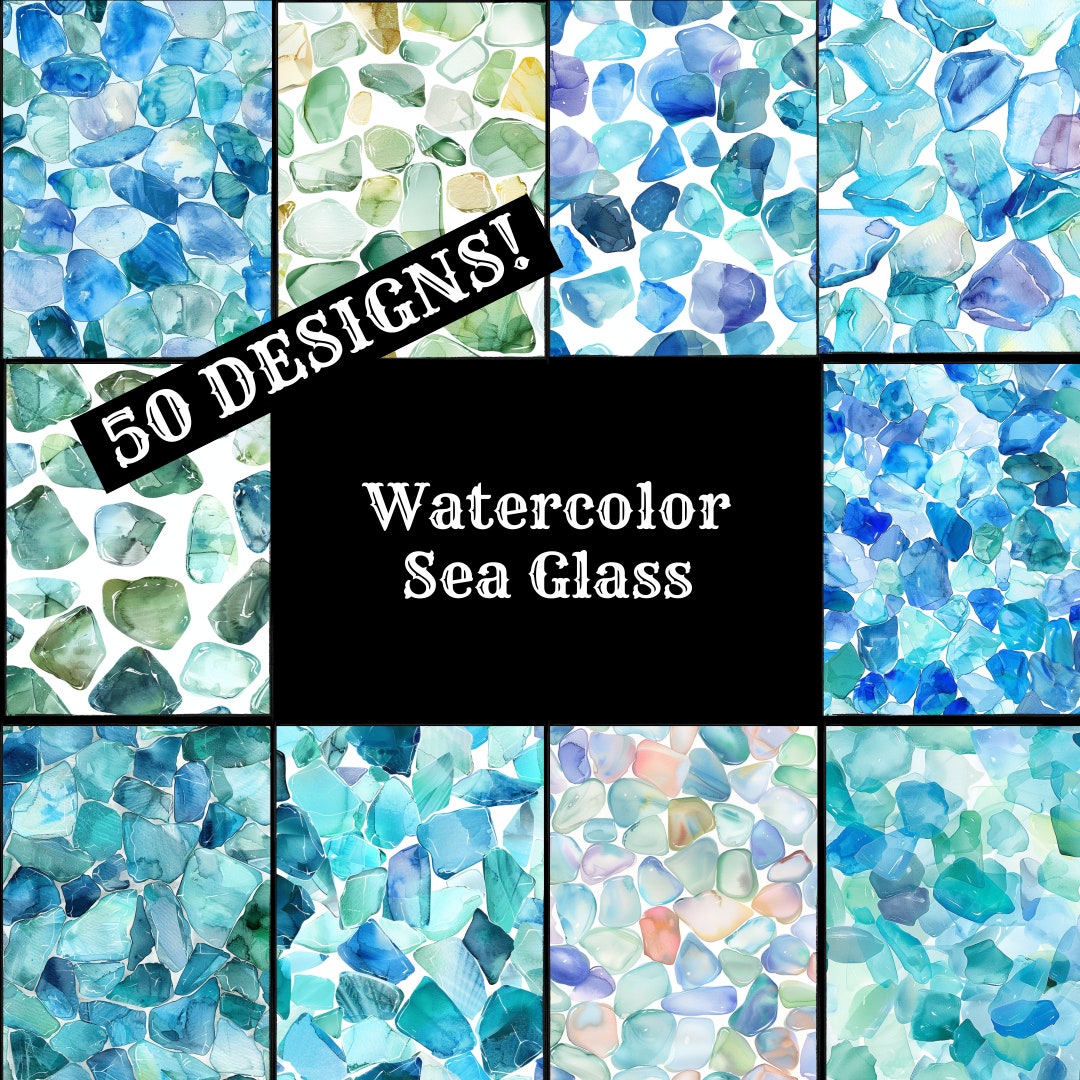 Watercolor Sea Glass Seamless Pattern: 50 PNG Digital Papers (digital ...