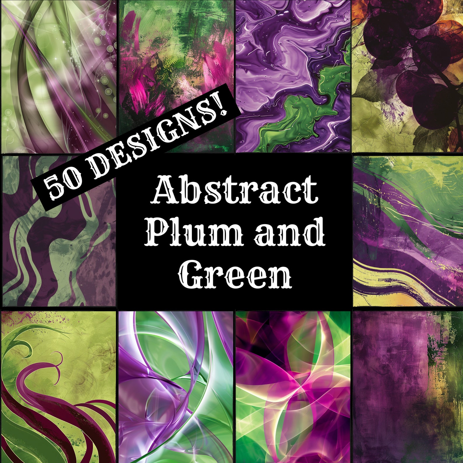 Abstract Plum & Green Digital Paper: 50 PNG Designs (digital Download ...