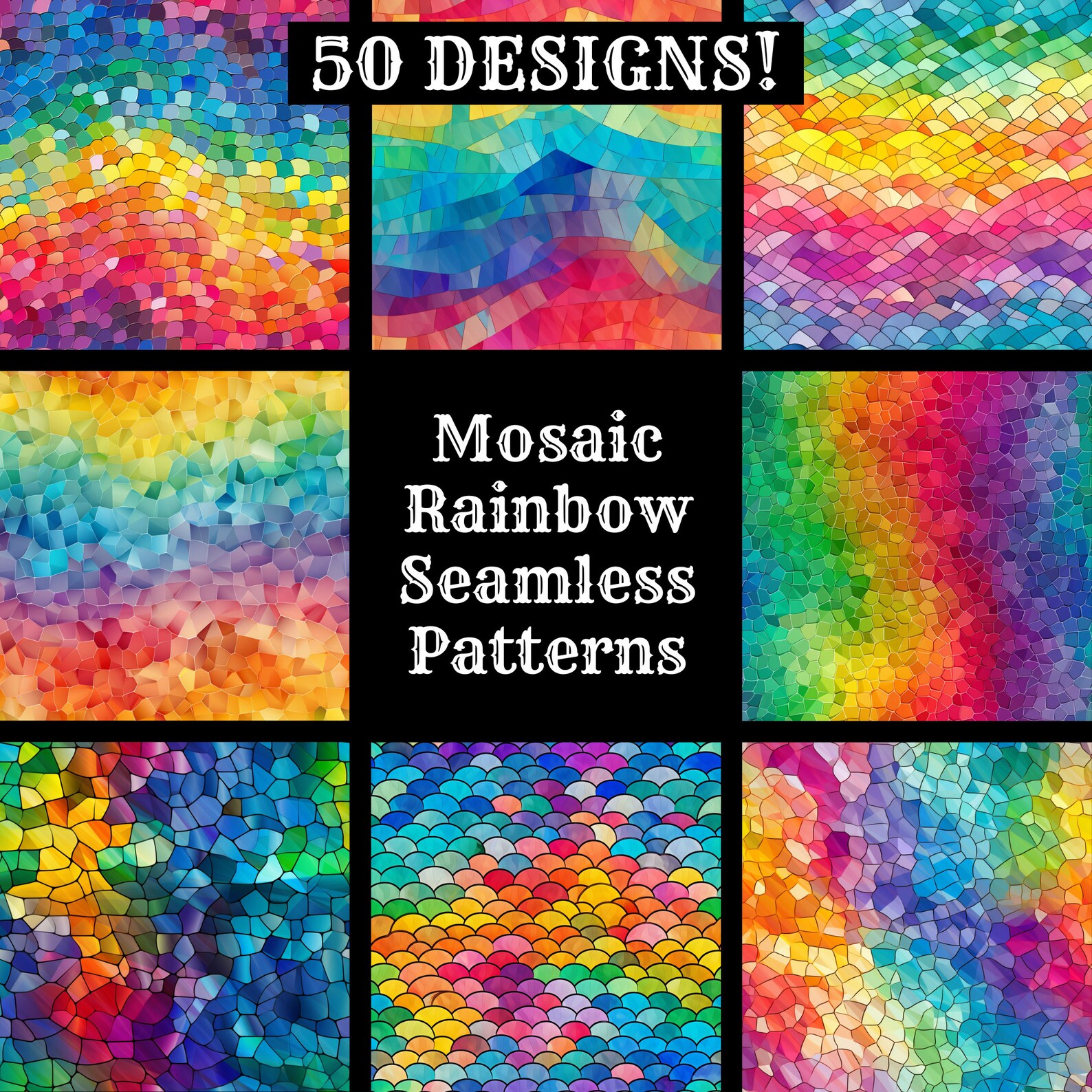 Mosaic Rainbow Seamless Pattern: 50 PNG Digital Papers (digital ...