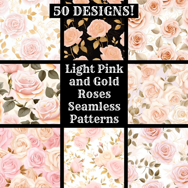 Light Pink and Gold Roses Seamless Digital Paper, Printable Scrapbook ...