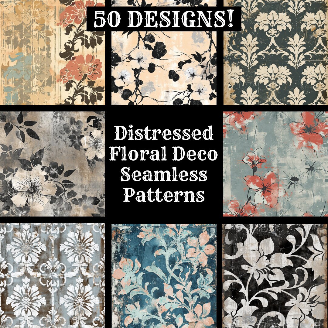 Distressed Floral Deco Seamless Digital Paper, Printable Scrapbook ...