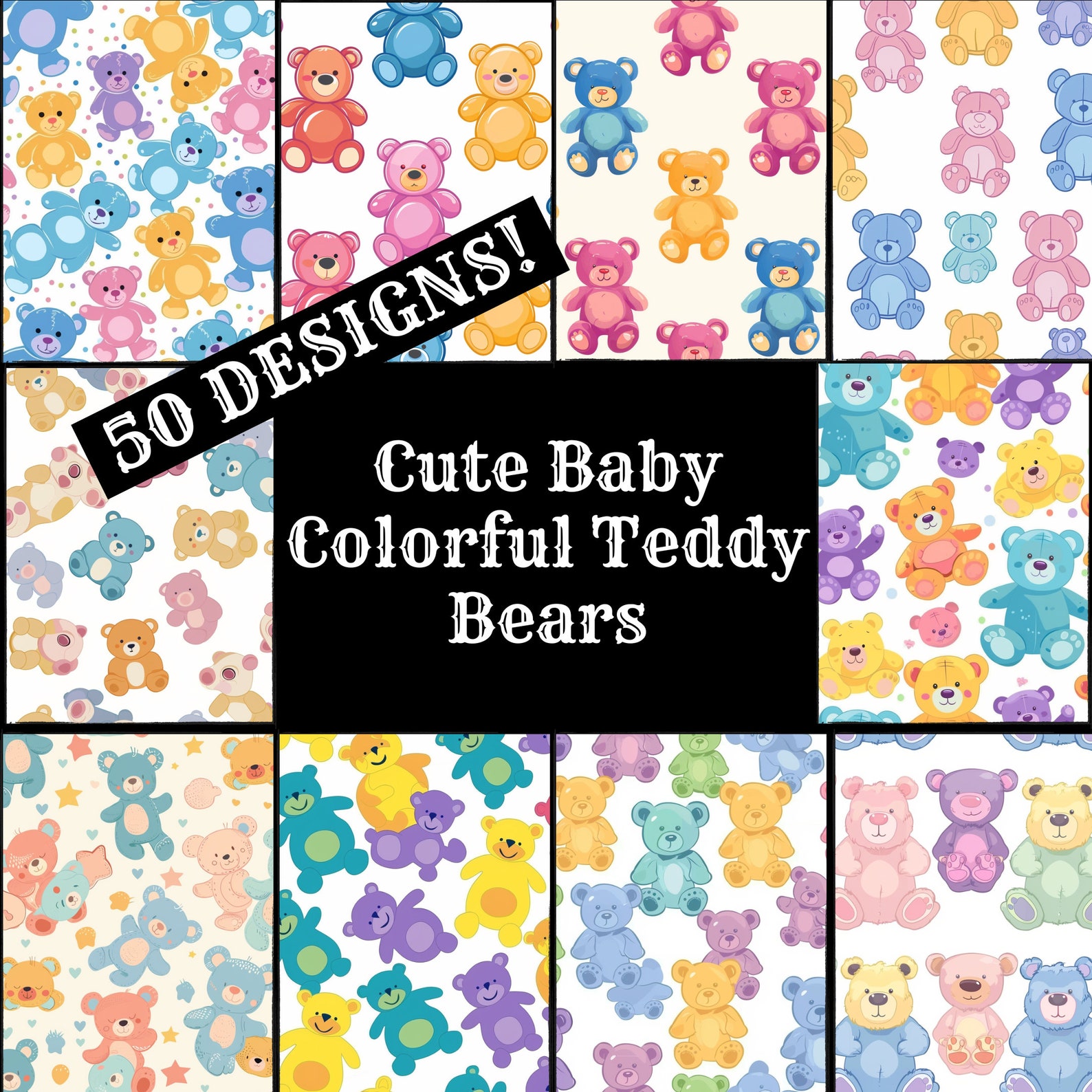 Cute Baby Colorful Teddy Bears Seamless Digital Paper, Baby Teddy Bears ...