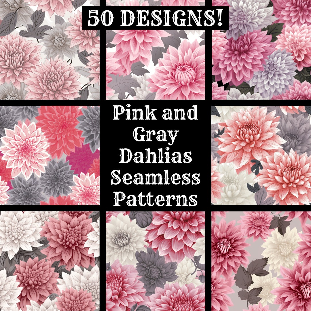 Pink and Gray Dahlias Seamless Digital Paper, Printable Scrapbook Paper ...