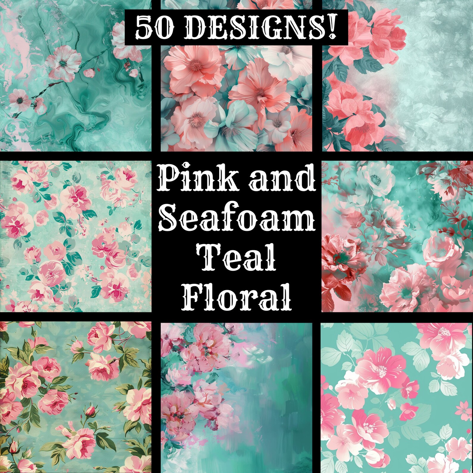 Pink and Teal Floral Digital Paper: High-resolution Scrapbook (digital ...
