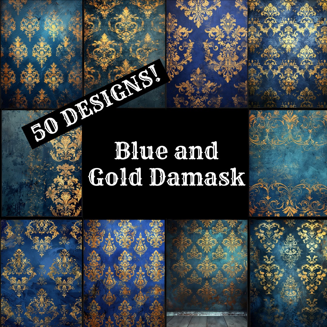 Blue & Gold Damask Digital Paper: Vintage Journal Inserts (PNG, 8.5x11 ...