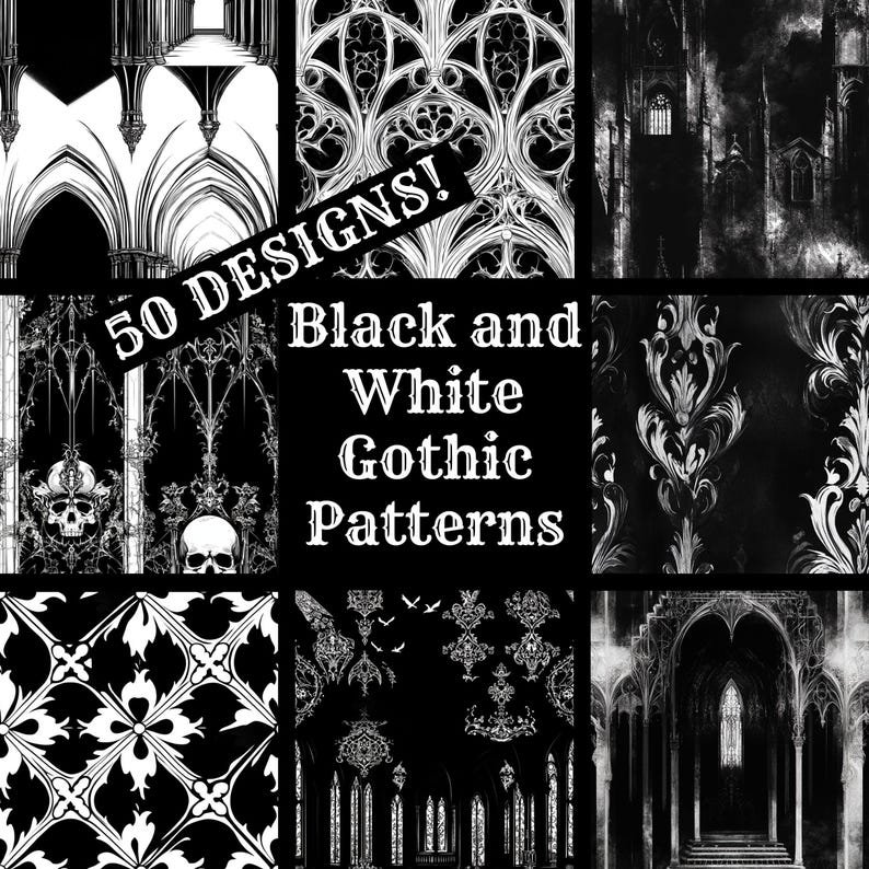 Black and White Gothic Seamless Patterns: 50 PNG Digital Papers ...