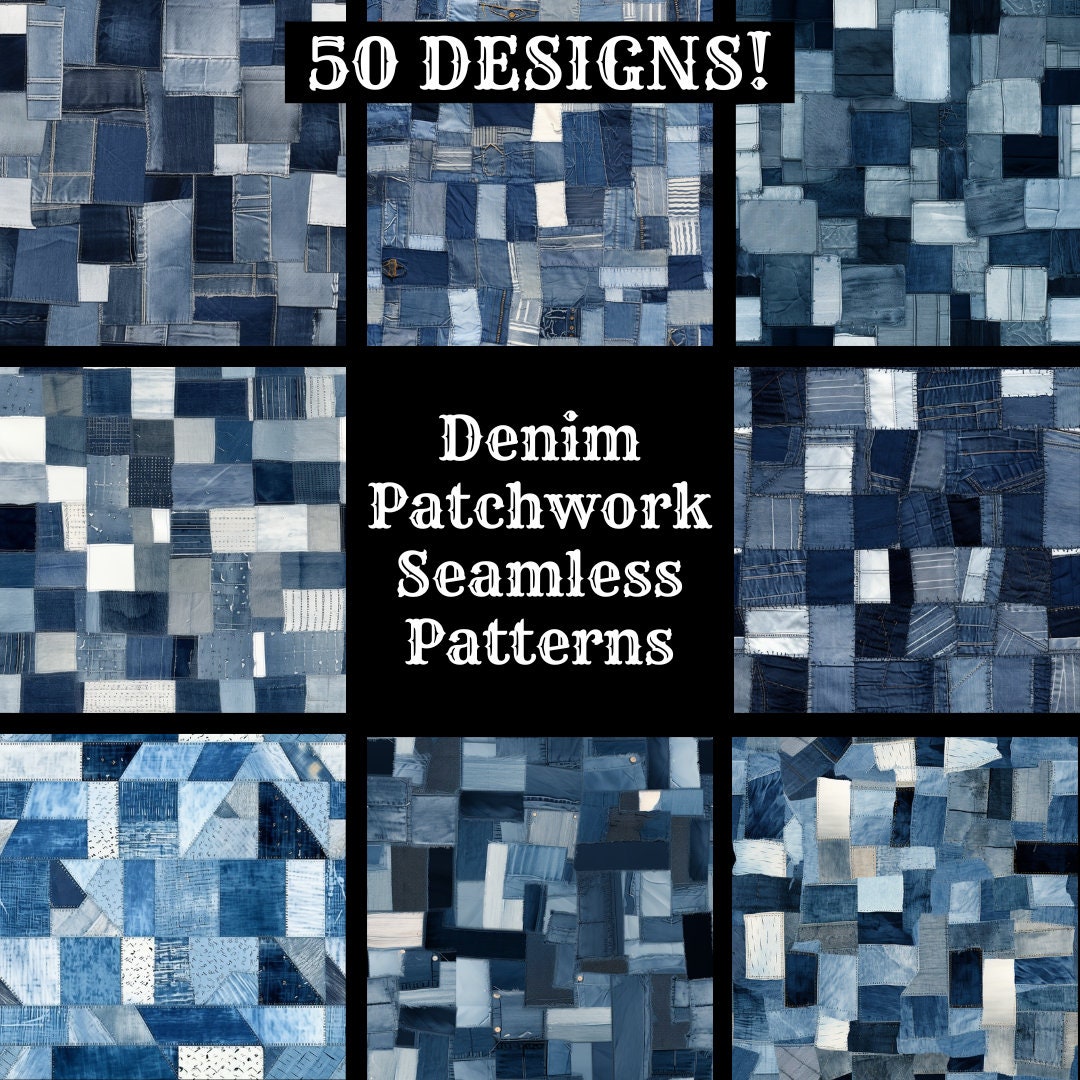 Denim Patchwork Seamless Patterns: 50 PNG Digital Papers (digital ...